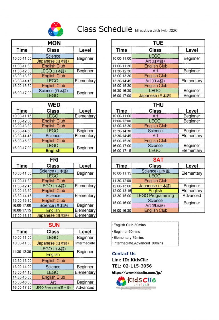 New Class Schedule | Bangkok Child Care & Preschool -KidsClie in Ekamai